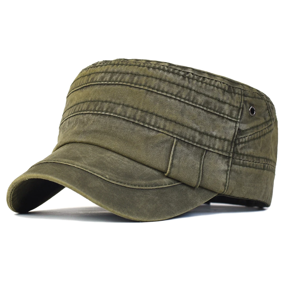 Casual Washed Cotton Flat Top Hat Adjustable Military Caps Men Women ...