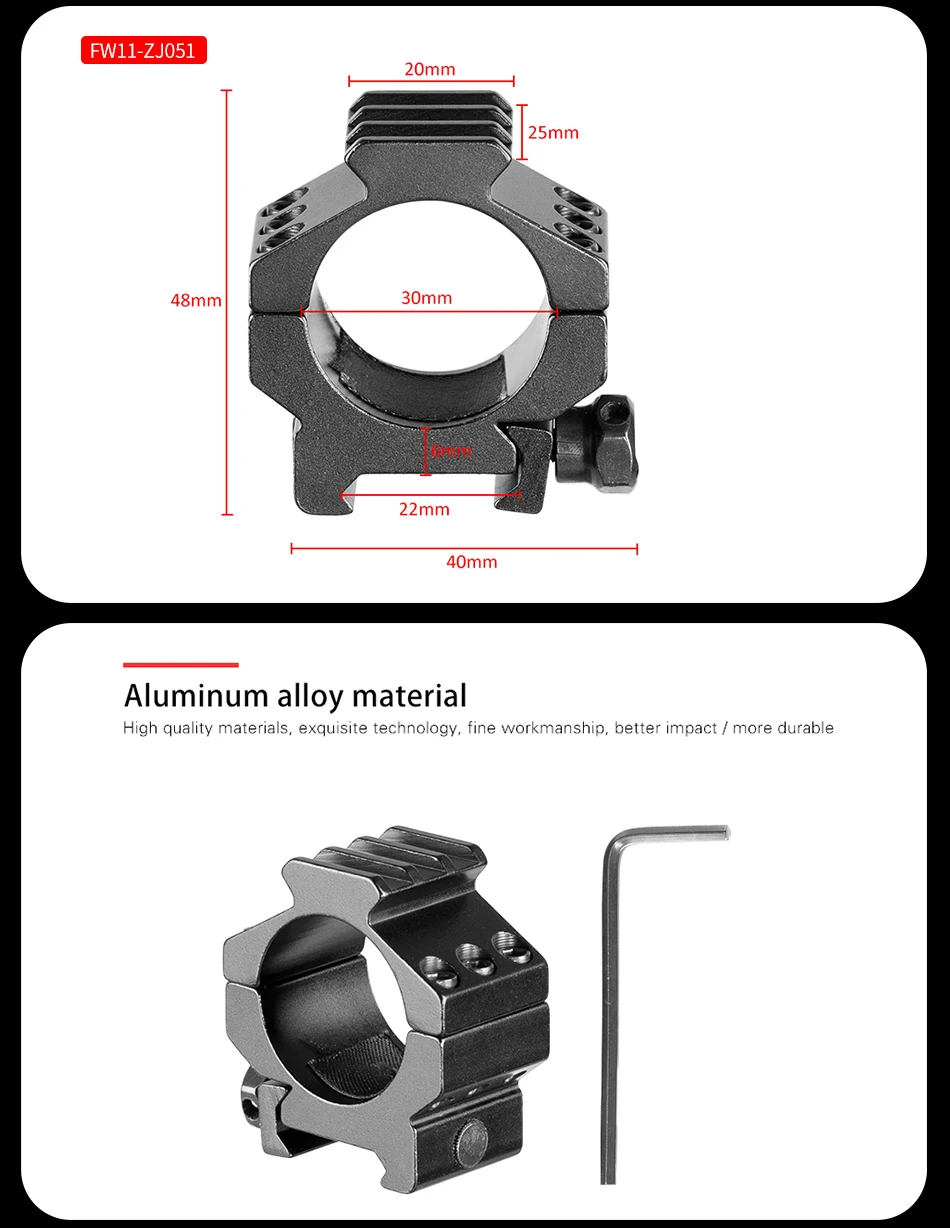 Scope Mount 30mm Ring Heavy Duty Low Profile 6 Bolts 20mm Weaver Picatinny Rail w/ Hex Wrench ...