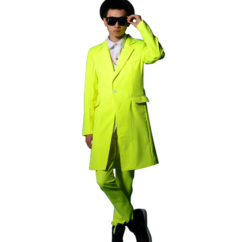 Men 2 Pieces Suits Sets Fluorescent Yellow Casual Suit Jacket Pant ...
