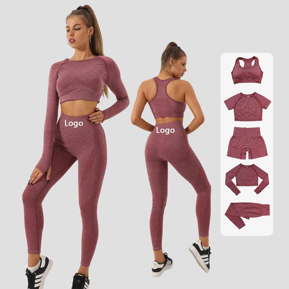 2/3/5 Pcs Seamless Women Yoga Set Workout Sportswear Gym Clothes Sport Bra Long Sleeve Crop Top ...