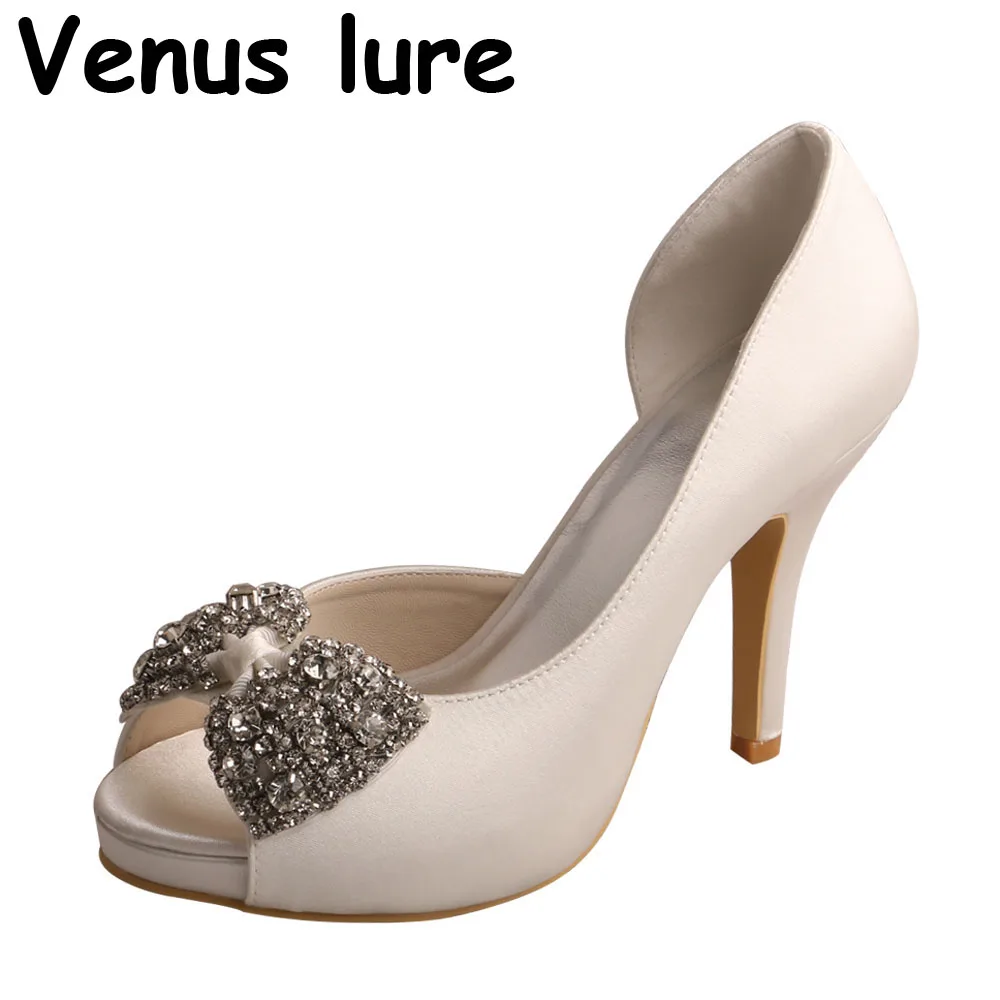 Customized-Diamond-White-Satin-Bridal-Shoes-Peep-Toe-High-Heel-Wedding ...