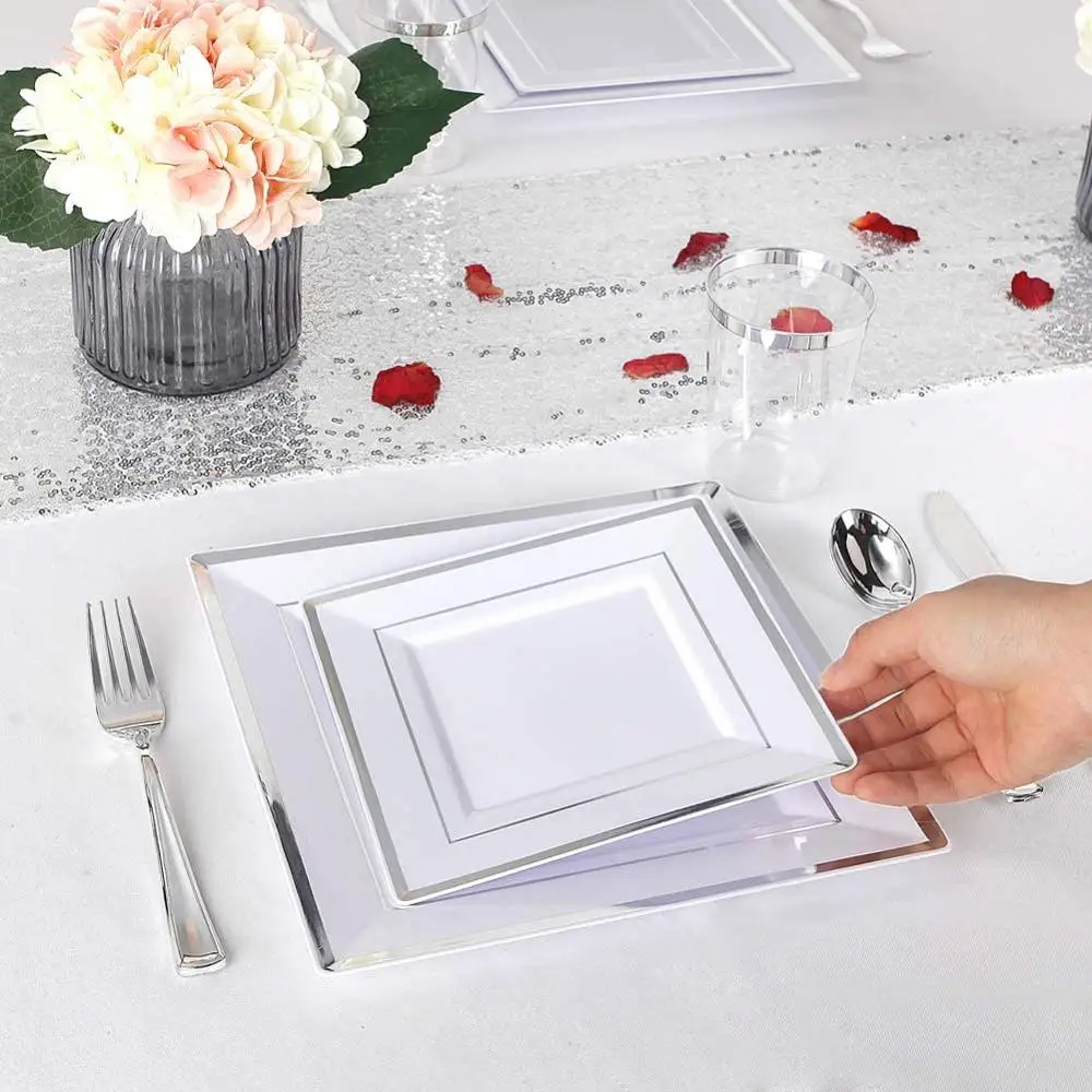 25 Guest Silver Plastic Plates With Disposable Plastic Silverware ...