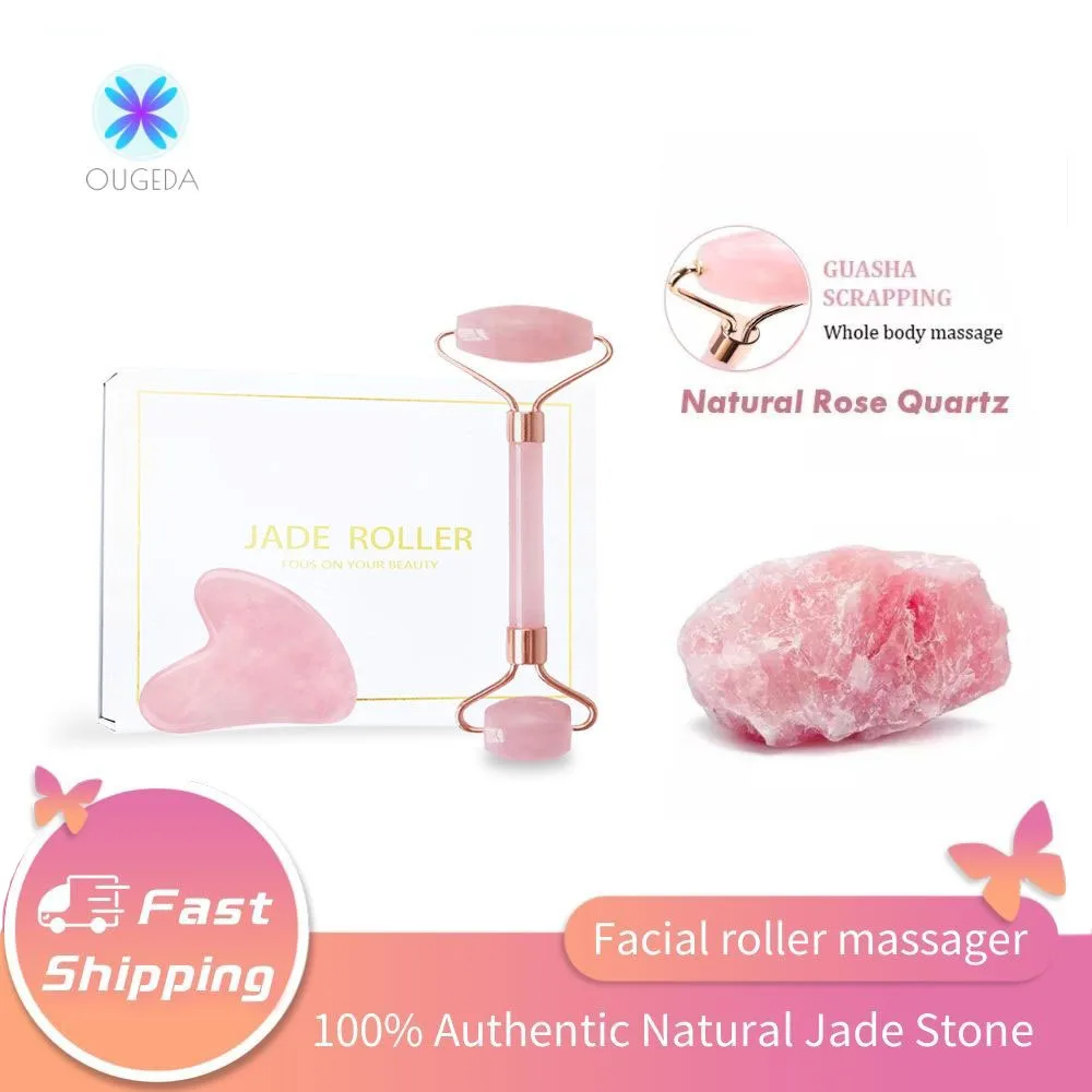 Natural Rose Quartz Jade Roller Set Massage For Face Gua Sha Set Roller ...