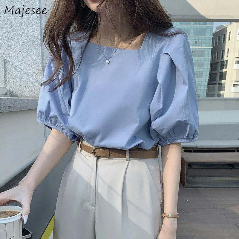 Ulzzang 여성용 블라우스 우아한 퍼프 소매 스퀘어 칼라 레트로 헐렁한 스트리트웨어 심플한 기본 오피스 폴드 여름