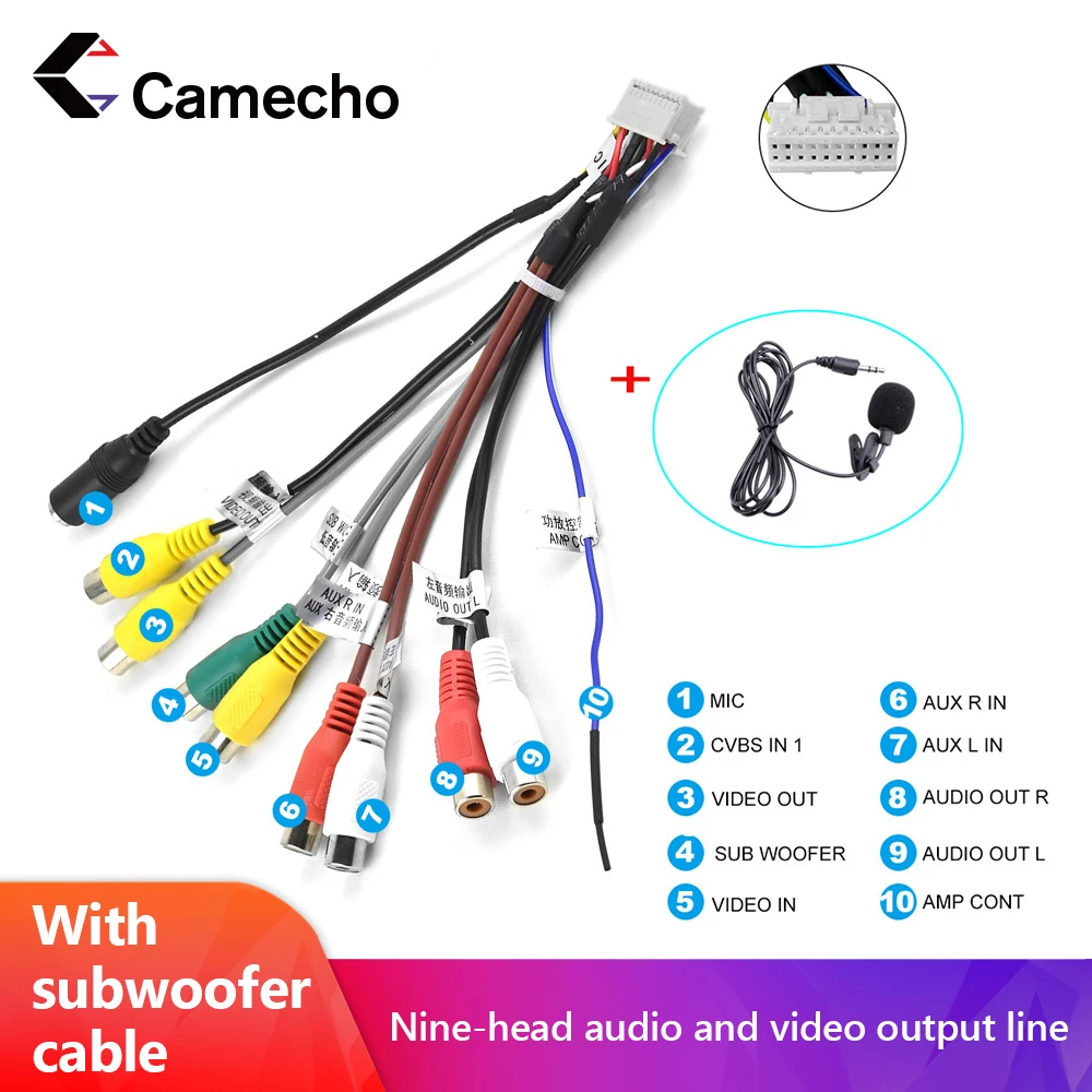 Camecho Car Stereo Radio Nine Head Audio Video Output Rca Cable Output ...