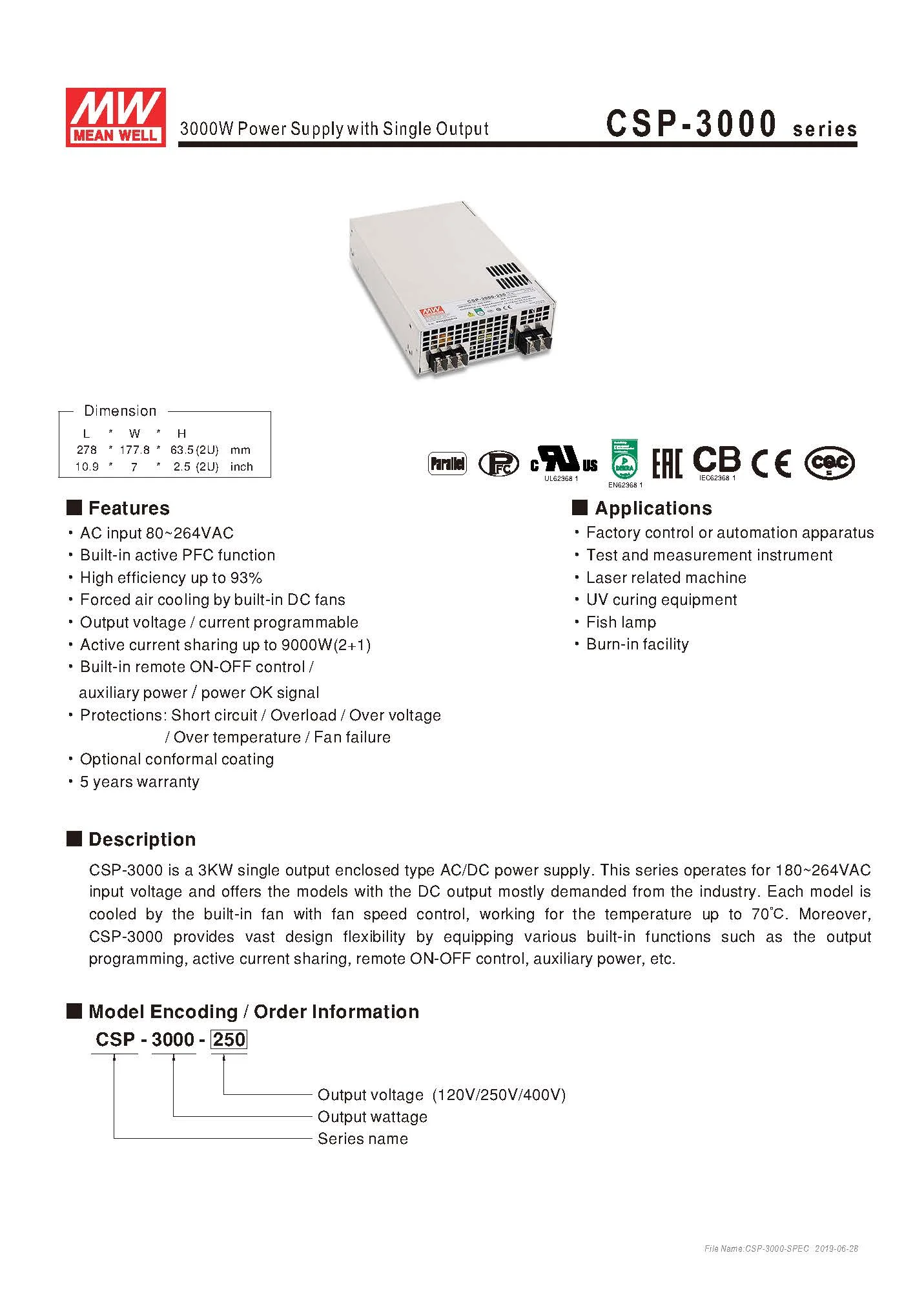 MEANWELL CSP-3000-400 400V 7.5A 3000W источник питания с одним выходом ...