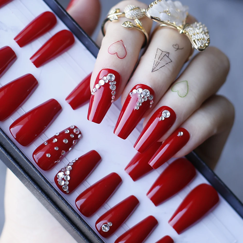 Red Nail With Rhinestones
