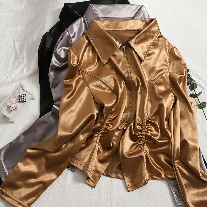 2021 New Silk Office Fashion Pleated Split Zipper Blouse Shiny Solid ...
