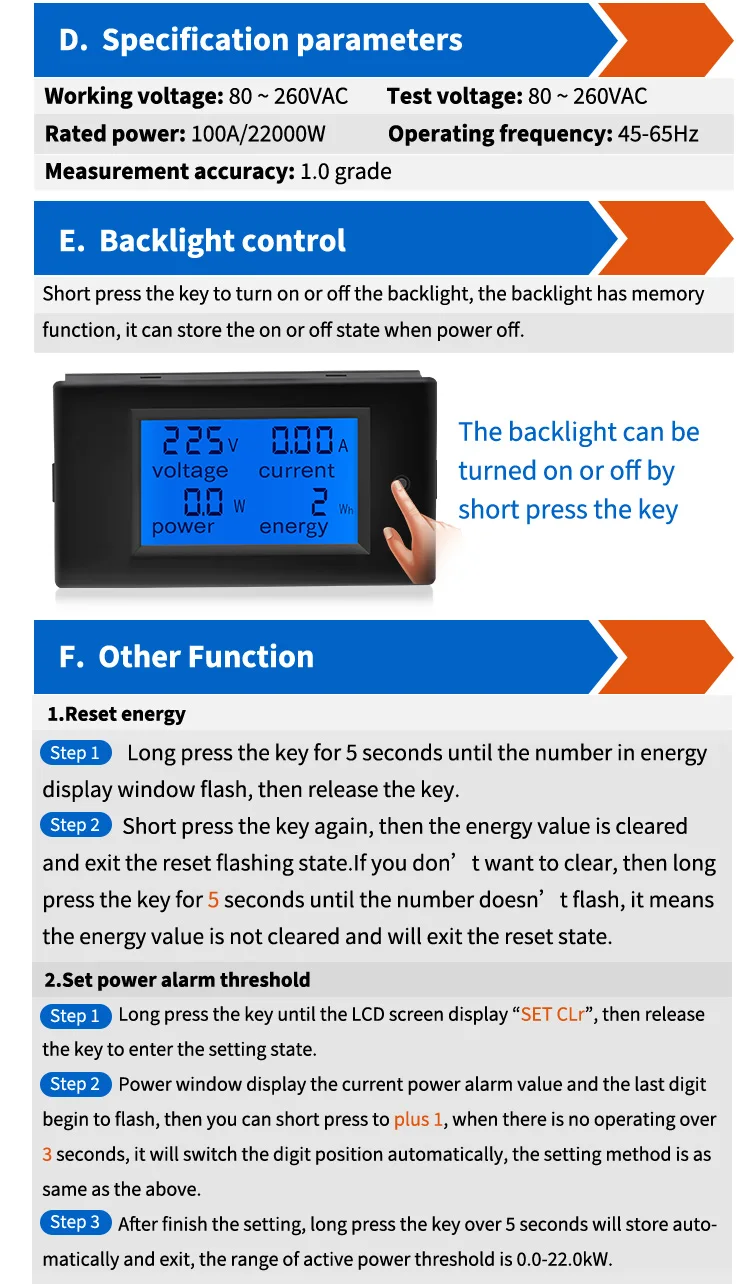 Peacefair AC Single Phase Digital Wattmeter Power Energy Kwh Tester ...
