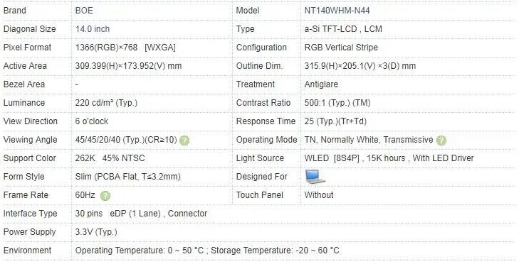 NT140WHM-N44 V8.3 NT140WHM N44 14,0 ''ноутбук ЖК-экран 1366*768 EDP 30 ...
