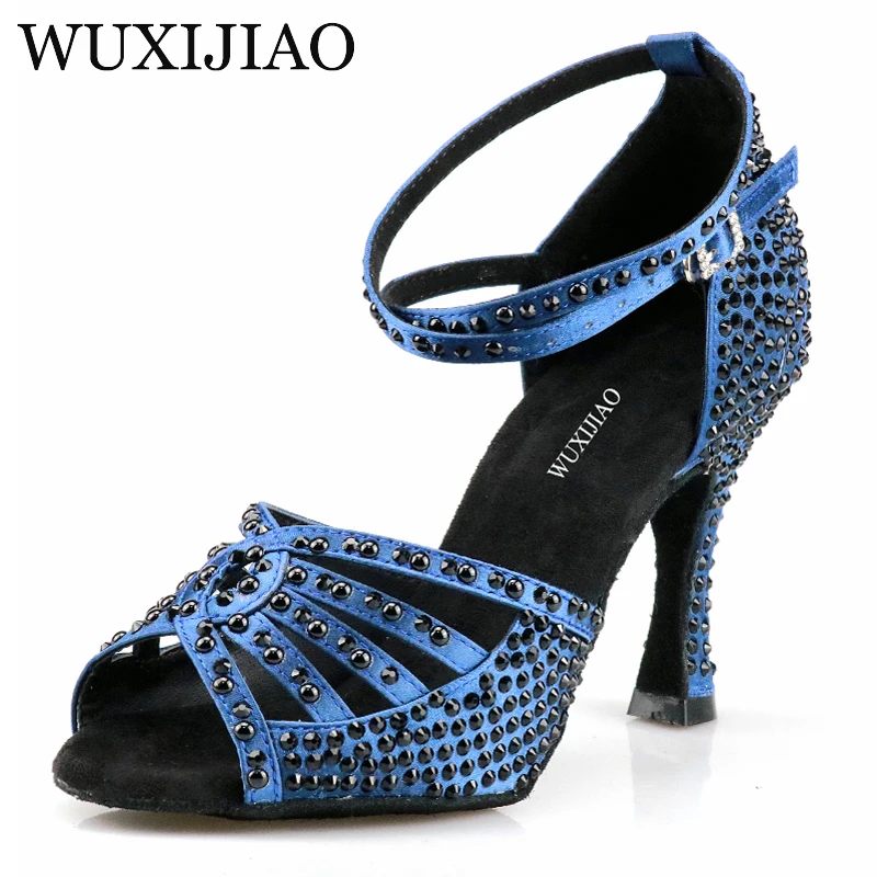 Women's Blue Satin Material Black Shiny Rhinestone High Heels ...