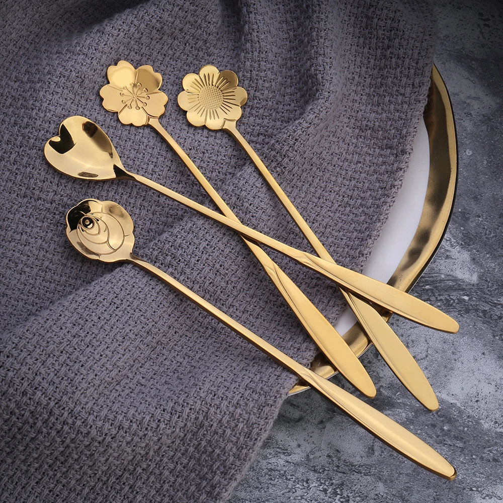 6pcs Gold Flower Stainless Steel Coffee Spoons Set Tea Spoon Honey Dessert Scoop Long Handle ...