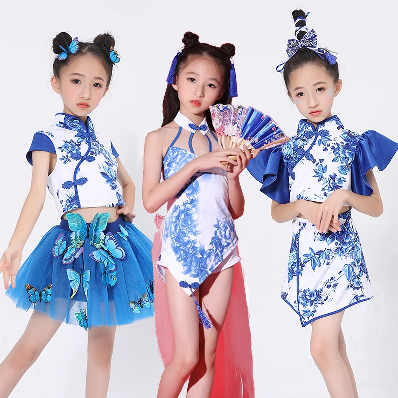 Chinese-Style-Blue-Print-Stage-Costumes-For-Singers-Kids-Jazz ...
