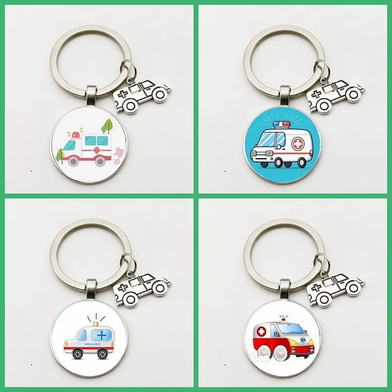 New Fashion Charm Keychain Ambulance Pendant Glass Convex Round Jewelry ...