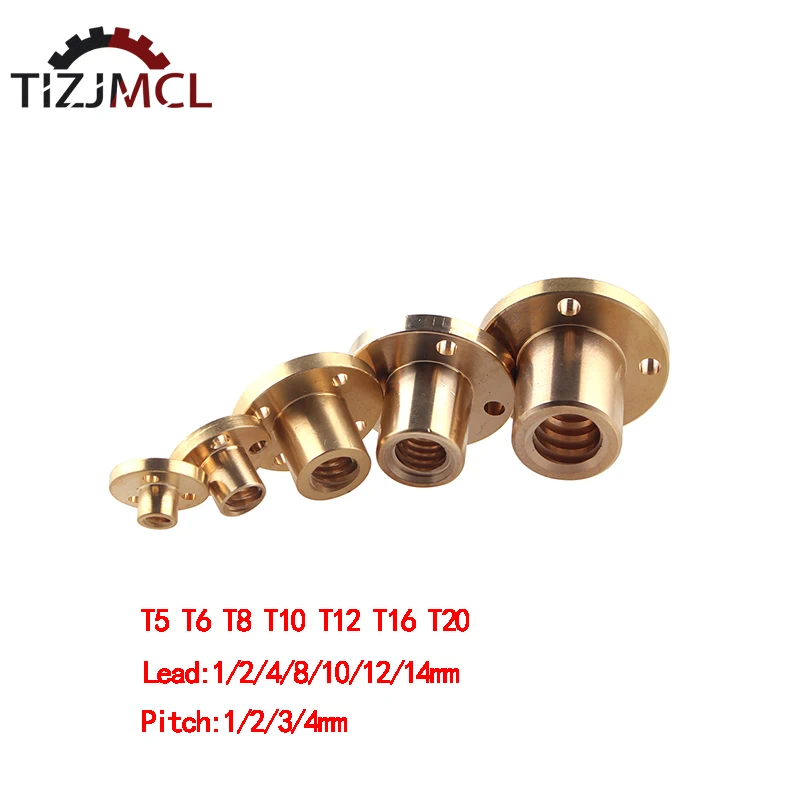 T5 T6 T8 T10 T12 T16 T20Lead Screw Nut Pitch 1mm/2mm Flange Brass Nut ...
