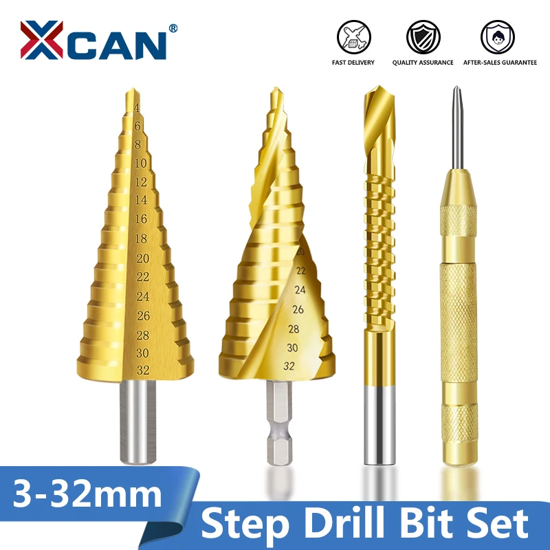 XCAN-HSS-Step-Drill-Bits-Set-3-13-20-4-32mm-with-Center-Punch-Drill ...