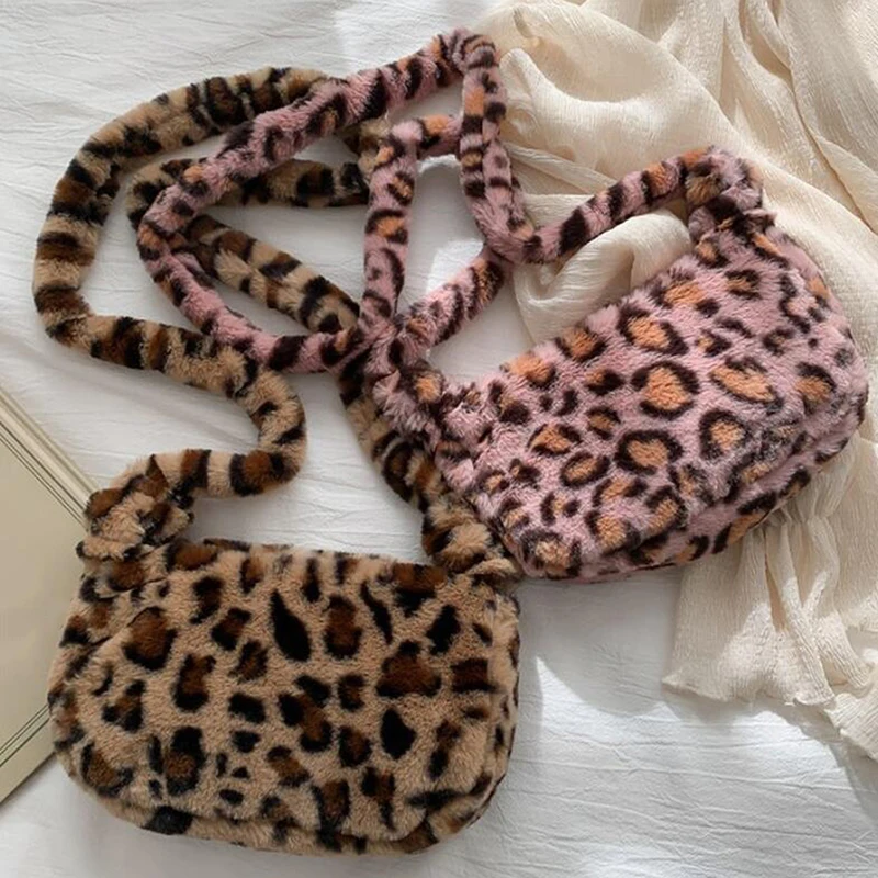 Fluffy Female Handbag Small Fashion Leopard Print Crossbody Bag Women ...