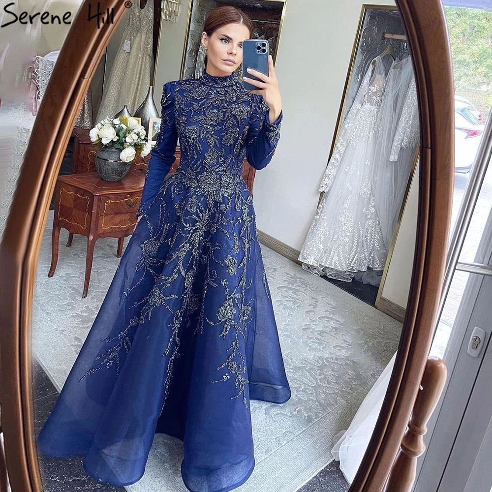 Serene Hill Muslim Navy Blue Evening Dresses Gowns 2022 Beaded A-line ...