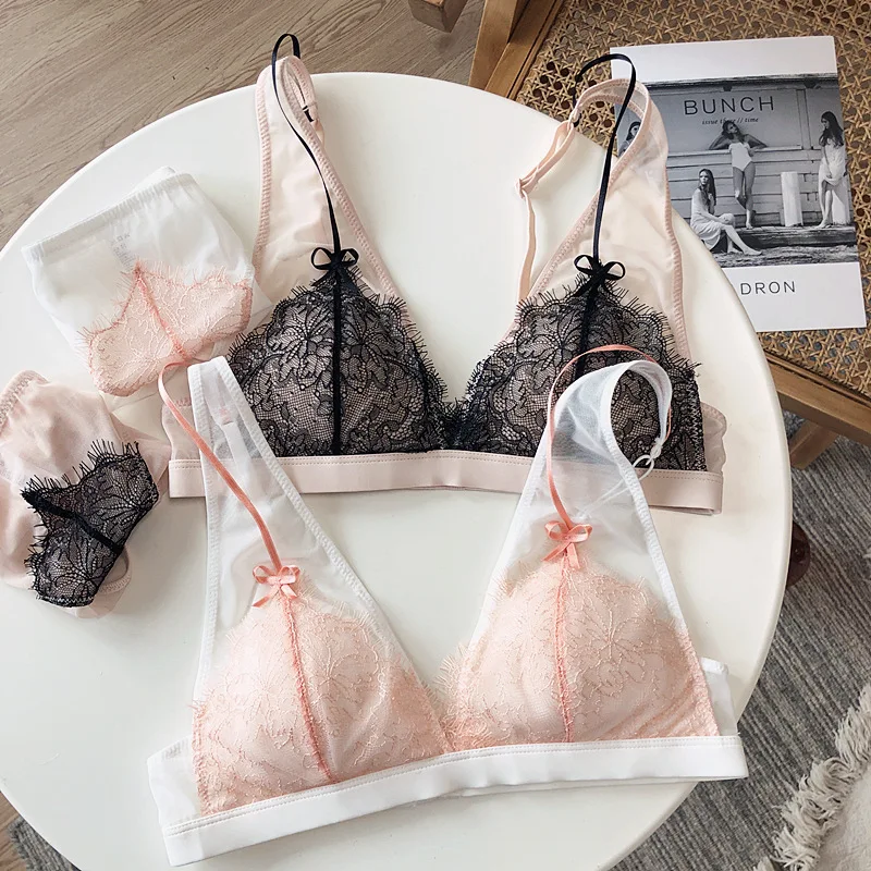 Conjunto de lencería Sexy de encaje para mujer, Bralette de algodón con almohadilla fina, ropa ...