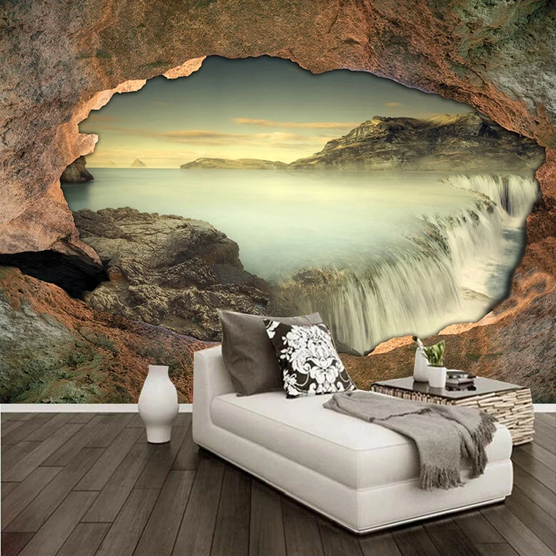Foto Behang 3D Stereo Stenen Muur Waterval Natuur Landschap ...