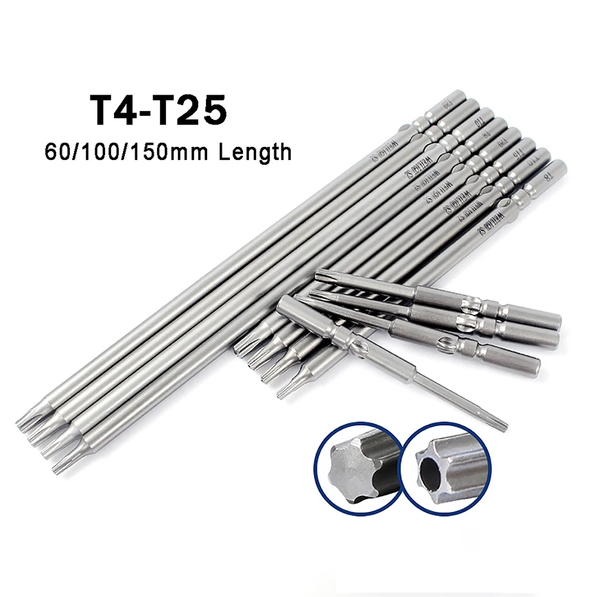 5pc Magnetic Torx Bit 60/100/150mm T4 T5 T6 T7 T8 T9 T10 T15 T20 T25 ...
