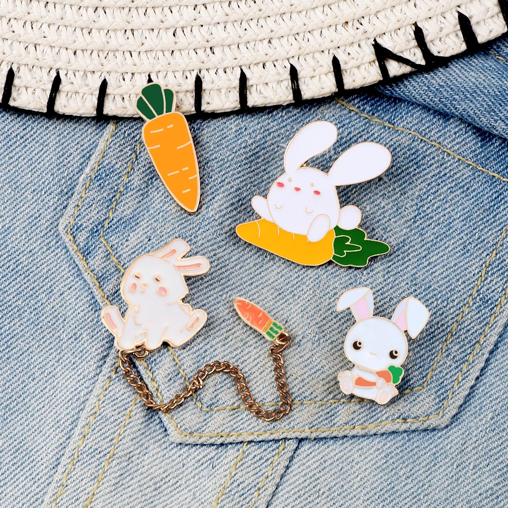 Bunny Carrot Enamel Pins Cute Rabbit Chain Brooches Animals Badge Women ...