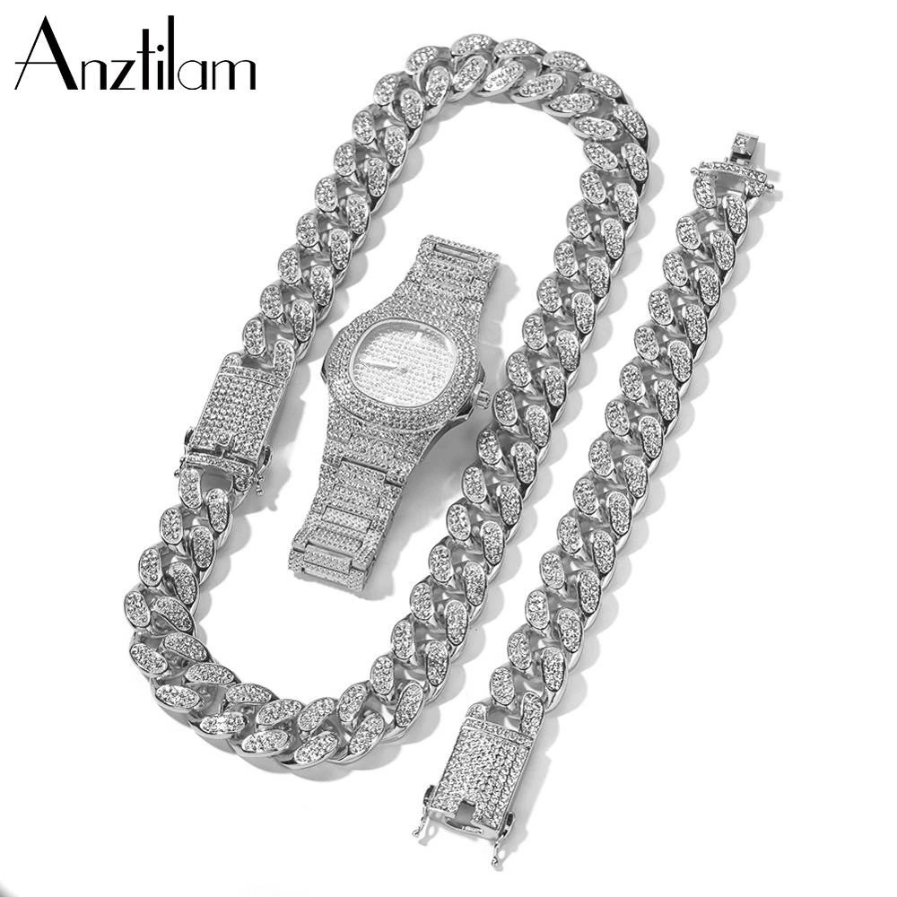 20mm Hip Hop Cuban Link Chain Set Necklace +watch+bracelet Miami Chain ...