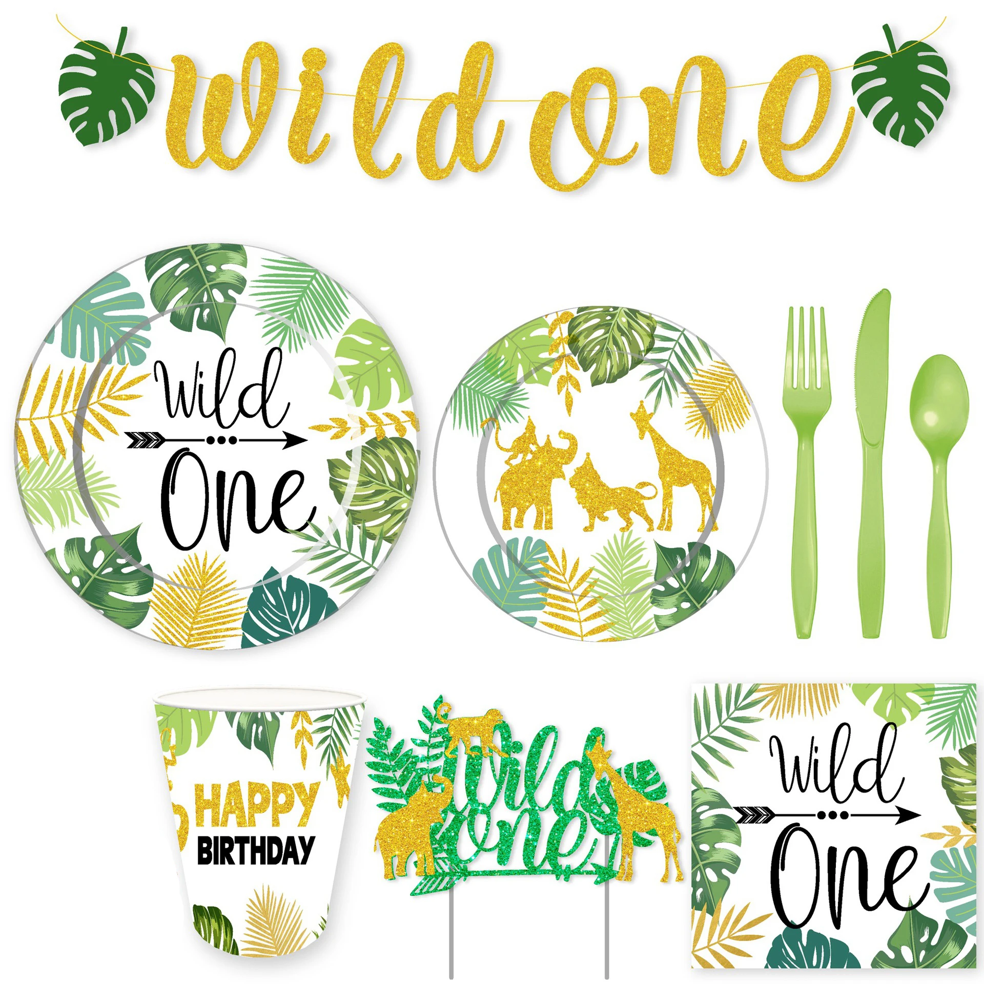 Wild One Green Theme Party Supplies Disposable Tableware Set Paper ...