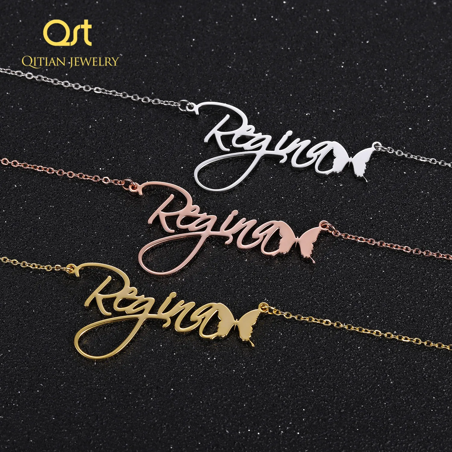 Personalisierte Schmetterling symbol Cursive Name Typenschild Halskette & Anhänger Edelstahl ...