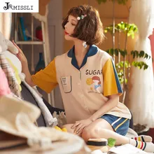 JRMISSLI M-XXL Women Pajamas Sets 100% Cotton Nightwear Summer Cute Print Pyjamas Sleepwear ...