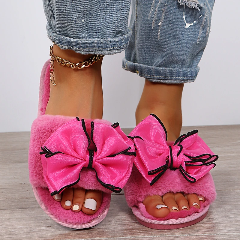 Chanclas peludas con lazo para mujer, zapatos cálidos de invierno ...