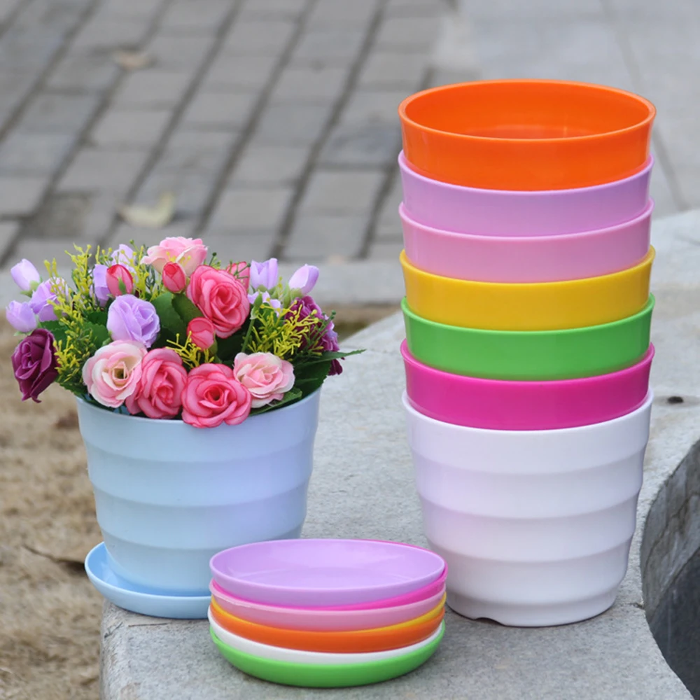 Pot de fleur,Pot de fleurs en plastique coloré avec plateaux, Mini ...