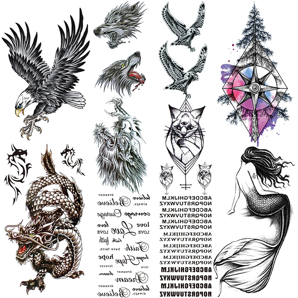 Realistic-Eagle-Temporary-Tattoos-For-Men-Women-Black-Mermaid-Dragon ...