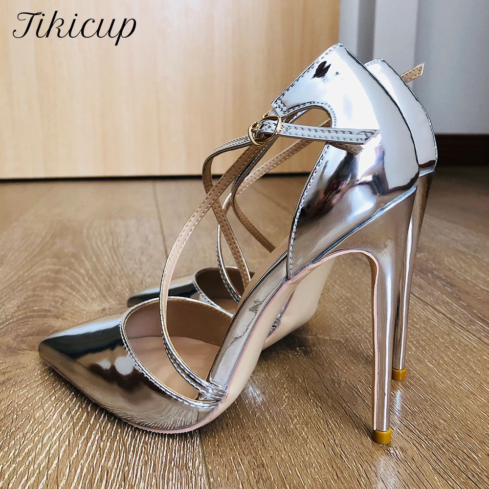 Tikicup Shiny Silber Frauen Kreuz Ankle Strap Stiletto Pumps Spitz ...