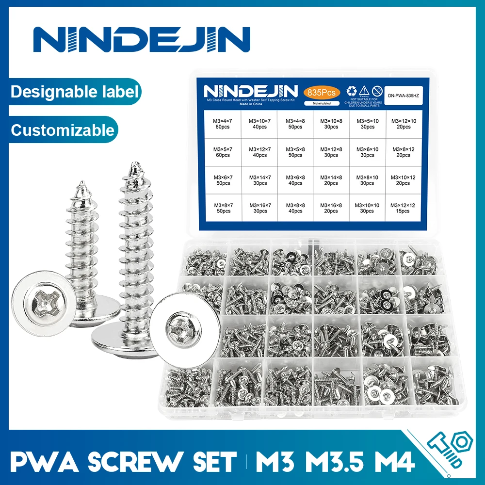 NINDEJIN Round Head Screw Set with Washer M3 M3.5 M4 Pan Head Phillips Self Tapping Screw ...