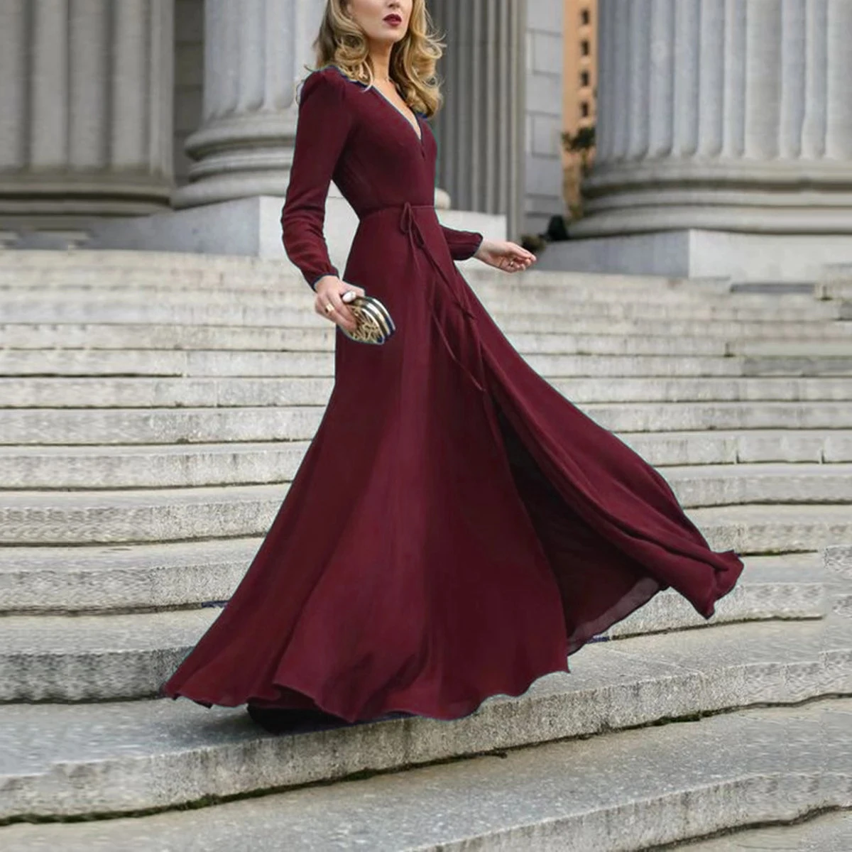 Vintage Formal Dress Women Lady V Neck Long Sleeve Maxi Dress Autumn ...