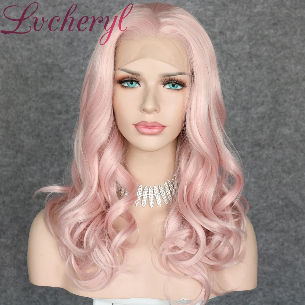 Lvcheryl Light Pink Synthetic Lace Front Wigs Free Pating Short Wavy Hair Wigs Heat Resistant ...