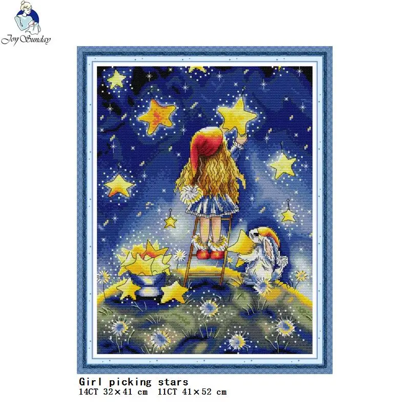 Girl picking stars DIY hand counted cross stitch kit DMC 11ct 14ct ...