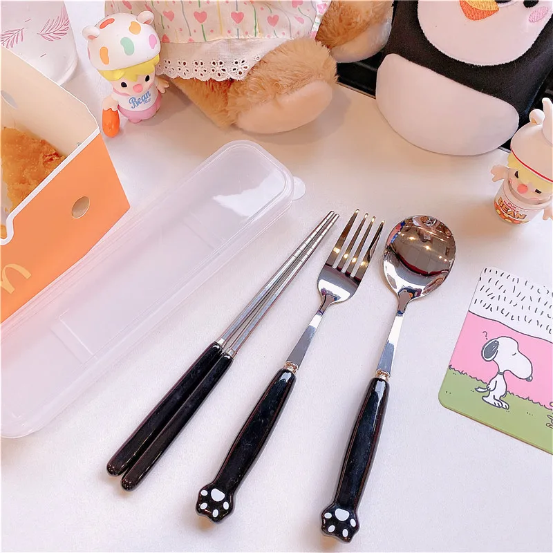 Cute-Cat-Claw-Ceramic-304-Stainless-Steel-Cutlery-Spoon-Fork-Chopsticks ...