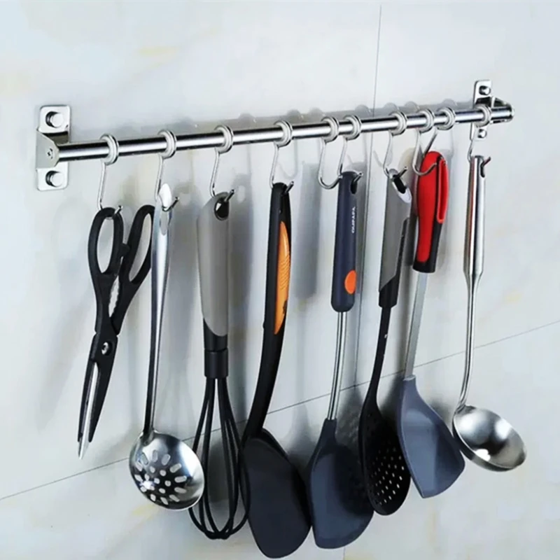 Wall-Mounted-Utensil-Rack-Stainless-Steel-Hanging-Kitchen-Rail-with-6-8 ...