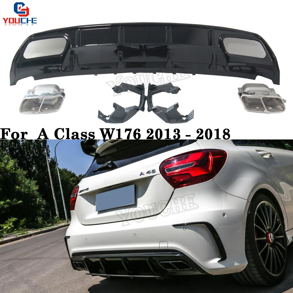 A45 Black Rear Diffuser + 4-outlet Exhaust Tips End Pipes For Mercedes ...