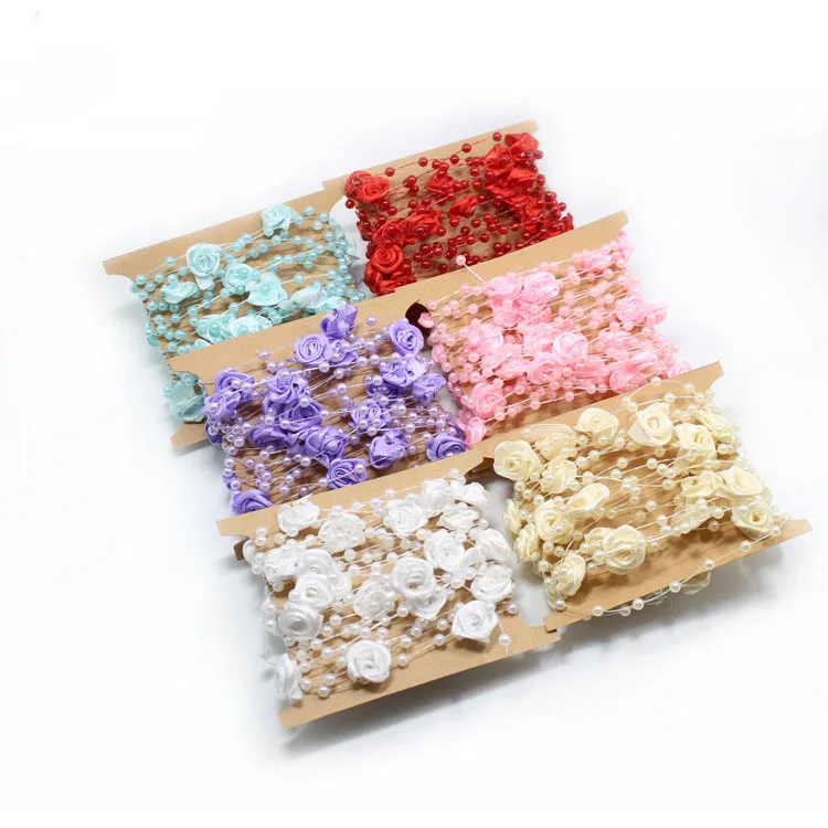 5m-Imitation-Pearl-Beads-Chain-Fabric-Rose-Flower-Chain-Trim-Craft ...