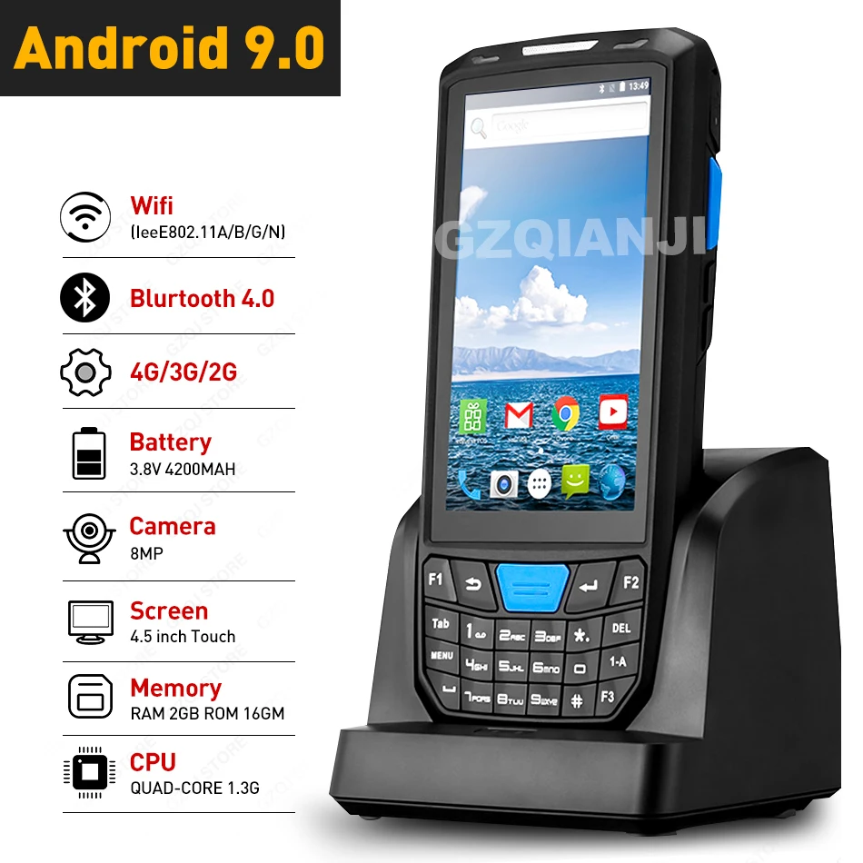 Handheld Terminal PDA Android 9.0 Rugged POS Terminal 1D 2D QR Barcode ...