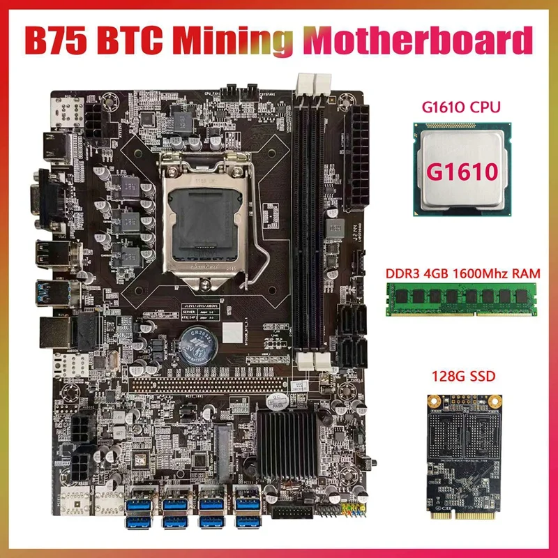 B75 USB BTC Mining Motherboard+G1610 CPU+DDR3 4GB 1600Mhz RAM+128G ...