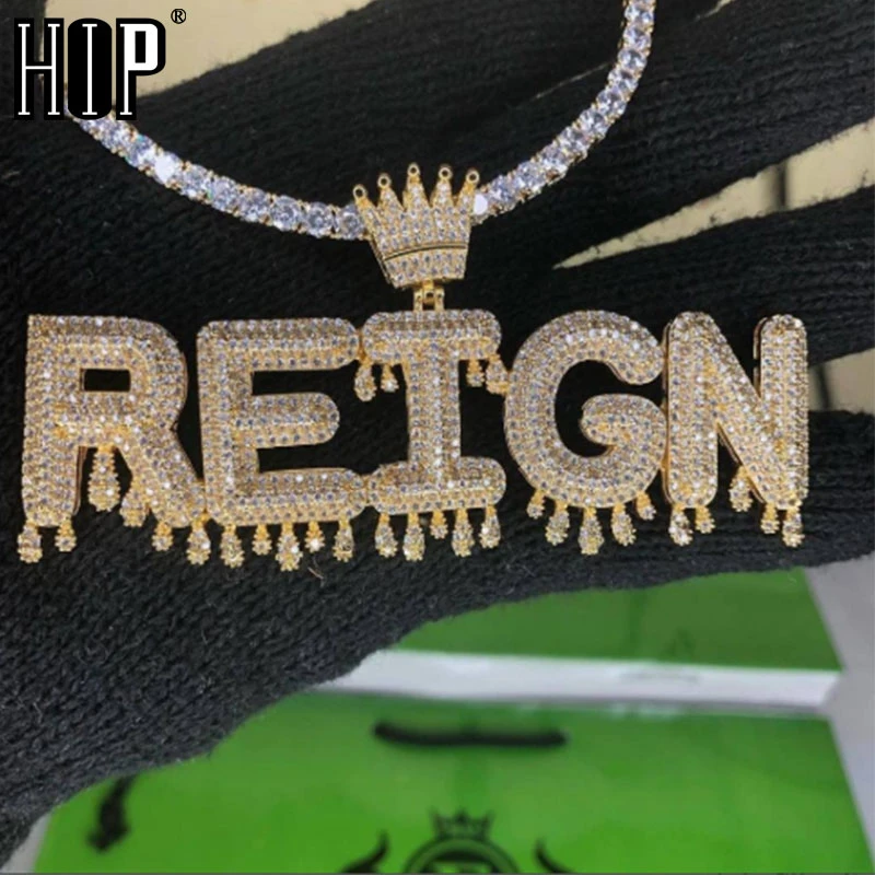 Hip Hop Custom Name Cubic Zircon Crown Drip Iced Out Bubble Letters ...