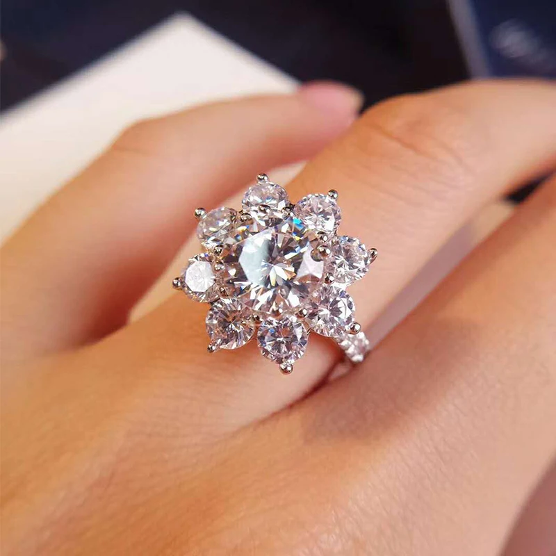 Real Moissanite Luxury Sun Flower Ring 2 Carat Diamond Lotus Ring Women ...