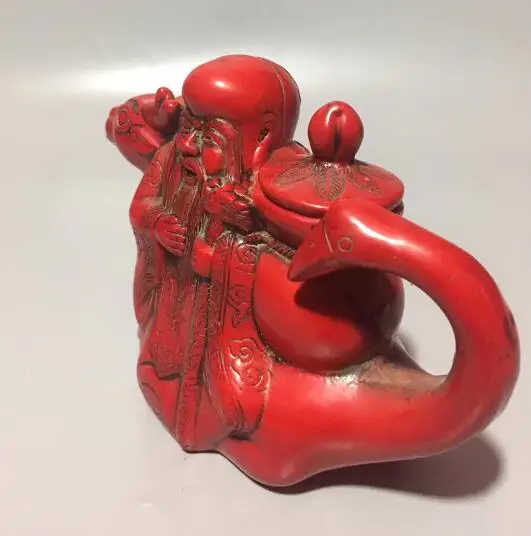 Chinese Handmade Red Coral Longevity Star Water Pot, Red-crowned Crane ...