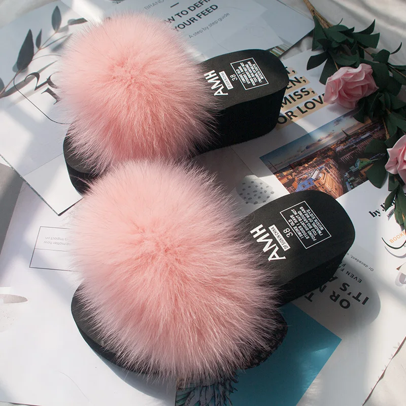 Chausson,Pantoufles à semelles compensées pour femmes, en fourrure de ...