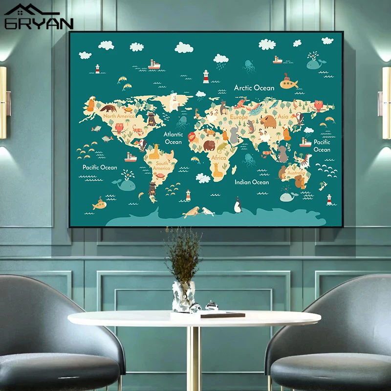 Póster de arte en lienzo de mapa del mundo educativo para niños ...