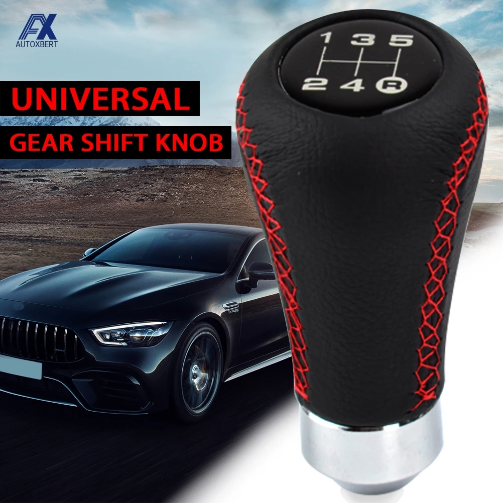 Universal-5-Speed-Manual-Leather-Red-Stitch-Car-Gear-Stick-Shift-Knob ...